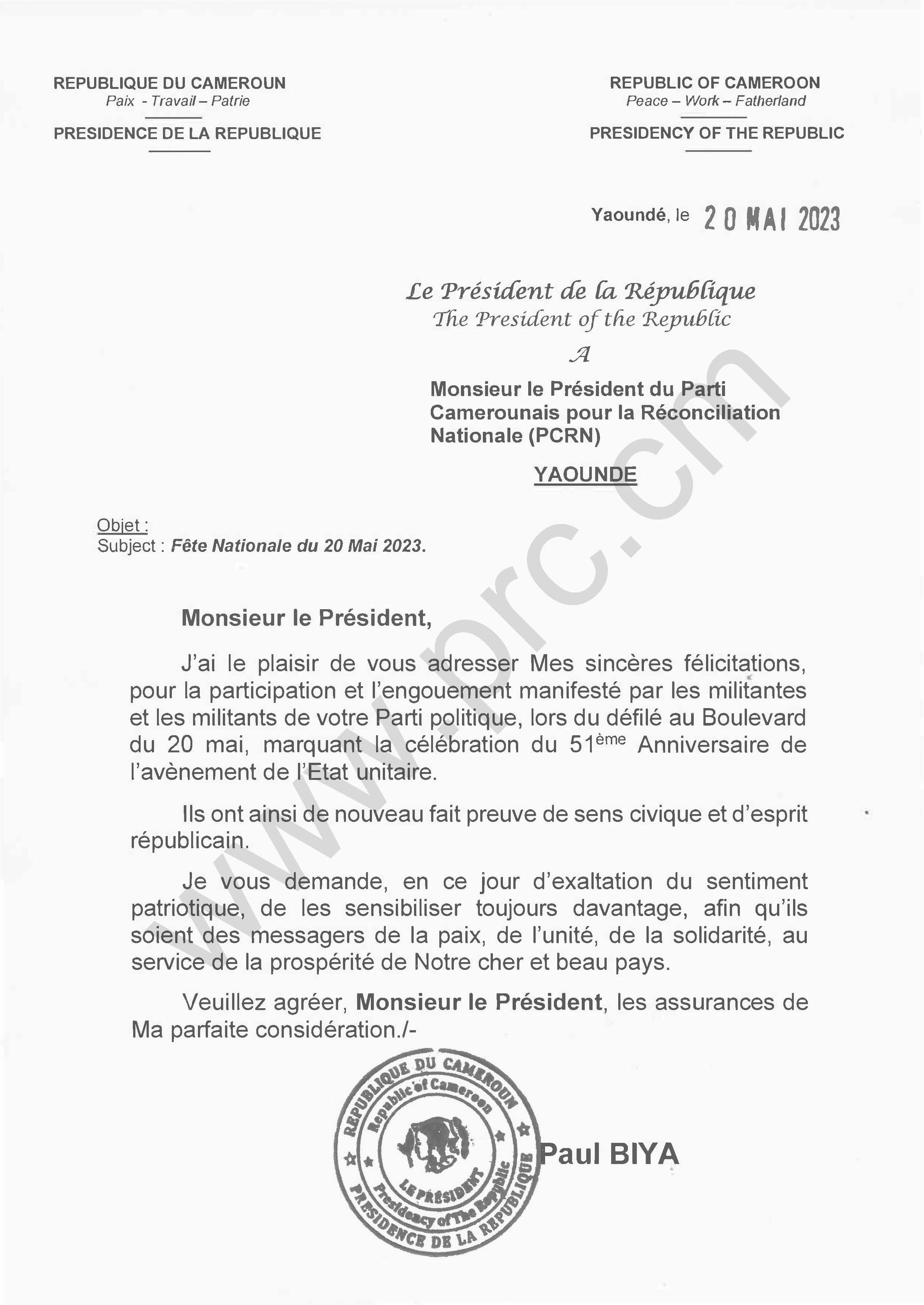 Message de félicitations du Chef de l’État à M. le Président du Parti Camerounais pour la ...